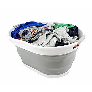 SAMMART 25L (6.6 gallon) Collapsible Plastic Laundry Basket - Foldable Pop Up Storage Container/Organizer - Portable Washing Tub - Space Saving Hamper/Basket (White/Grey)