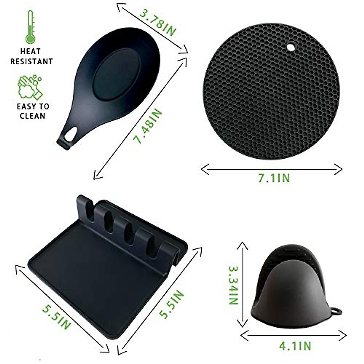 Spoon Rest For Kitchen Utensil Silicone Oven Mitts Heat Insulation Silicone Trivet Mats Hot Potholders set （6 Pcs）