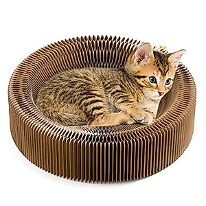 Collapsible Cat Scratcher Lounge Bed, Cardboard Cat Bed, Corrugated Pet Scratcher Pad, Round Cat Scratching Bed Nest for Indoor Big Large Kitty Kitten Cats