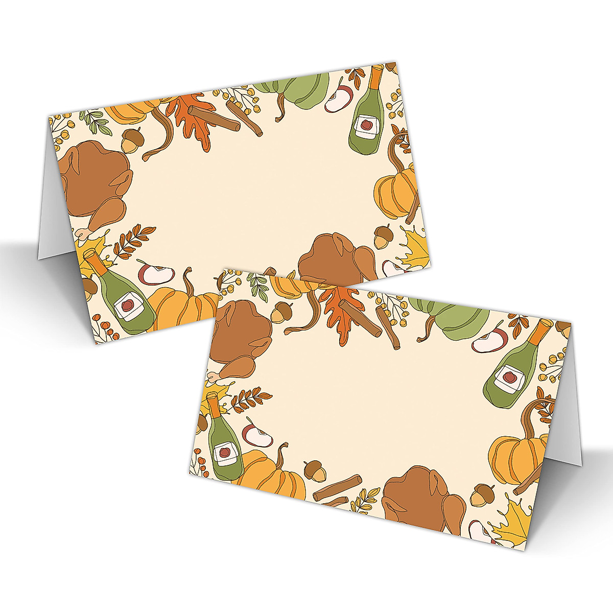 Fall Thanksgiving Table Place Cards, Orange Pumpkin Blank Seating Place Card for Table, 25 Pack Buffet Food Tent Labels, Double Design Name Cards, Thanksgiving Day Party Decorations(05)