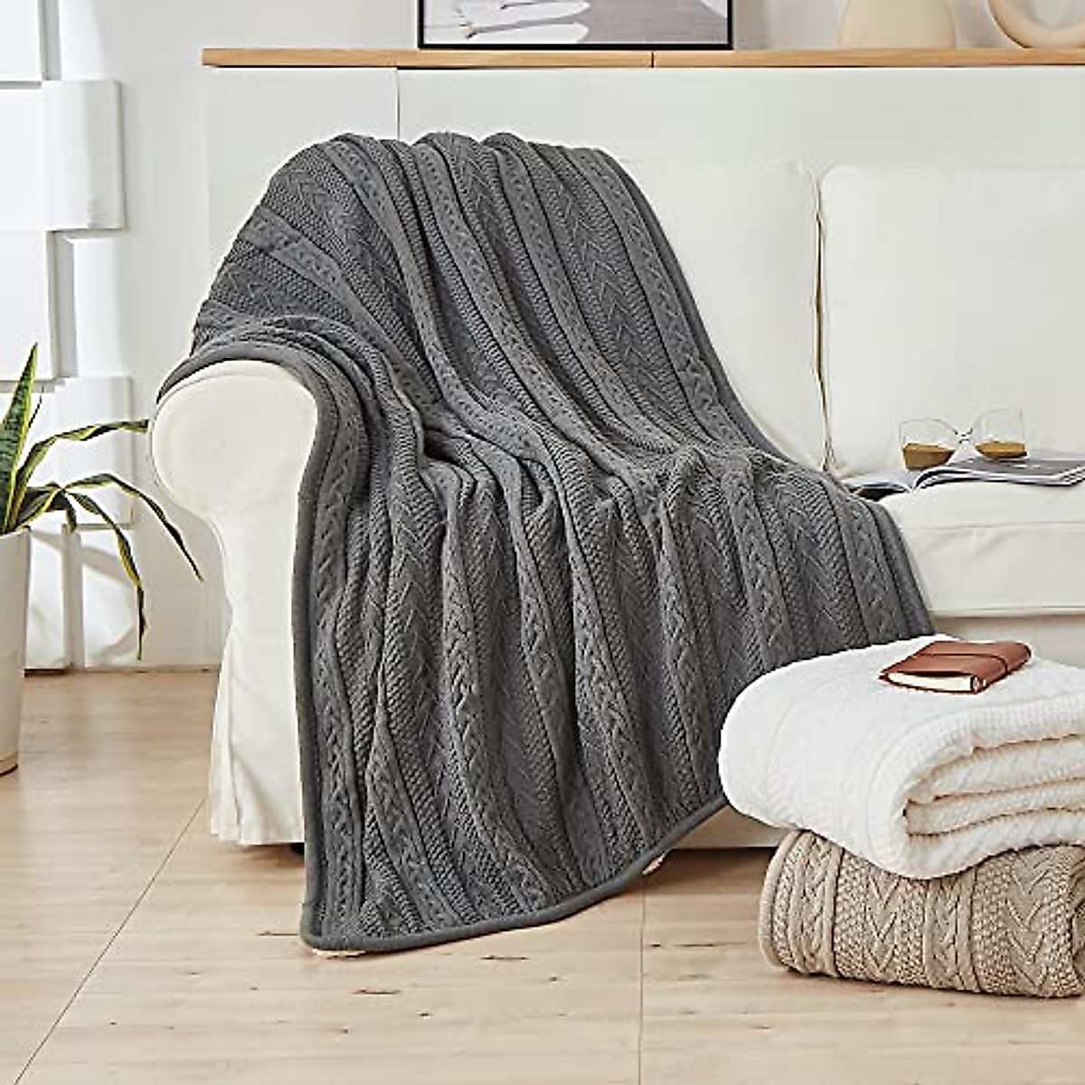 Longhui bedding Acrylic Cable Knit Sherpa Throw Blanket - Thick, Soft, Big, Cozy Grey Knitted Fleece Blankets for Couch, Sofa, Bed - 60 x 80 Inches Gray Coverlet, 5.2 Pounds