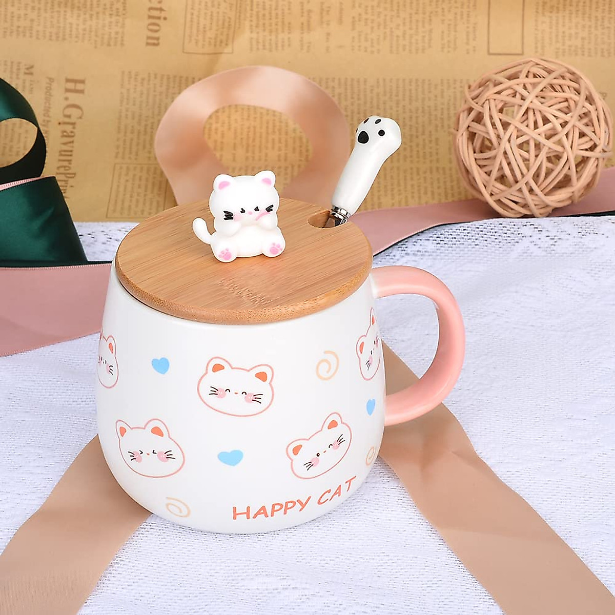 XinHuiGY Cute Animal Coffee Mug with Lid and Spoon, Cute Cow Print Stuff Gifts, Ceramic Tea Cup, Kawaii Cup, Cartoon Coffee Cup gift for Women Office and Personal Birthday Christmas 480ml (Cat)