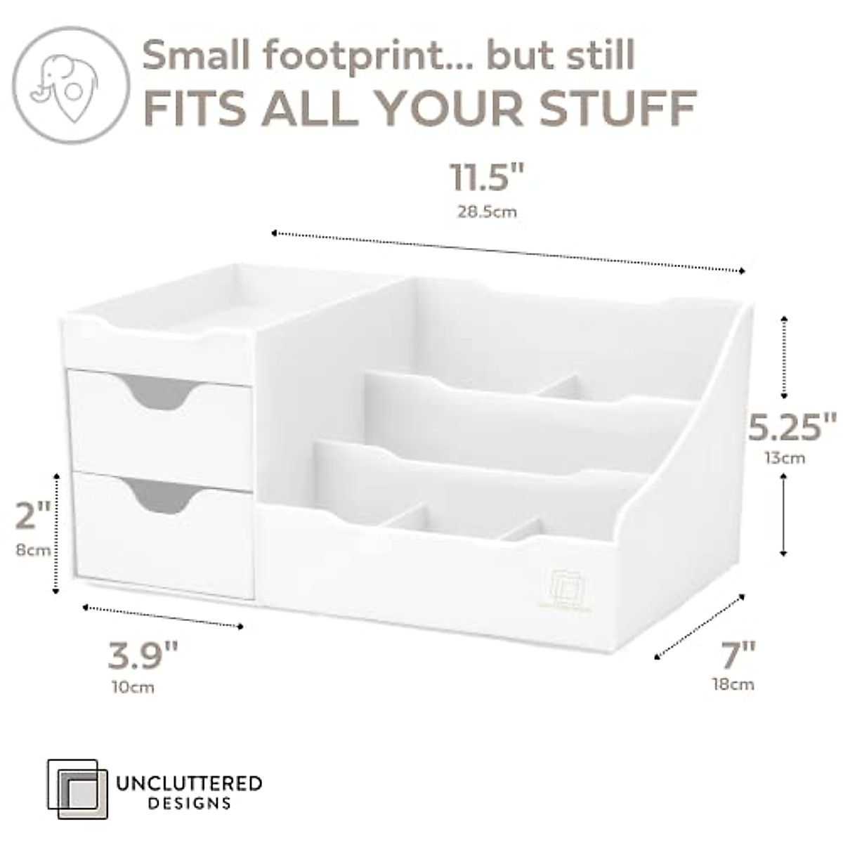 Uncluttered Designs Makeup Organizer With Drawers — Modern Countertop Storage for Cosmetics — Chic Vanity Holder for Perfume, Skincare, Brush, Lipstick, Nail Polish Organization and Display (White)