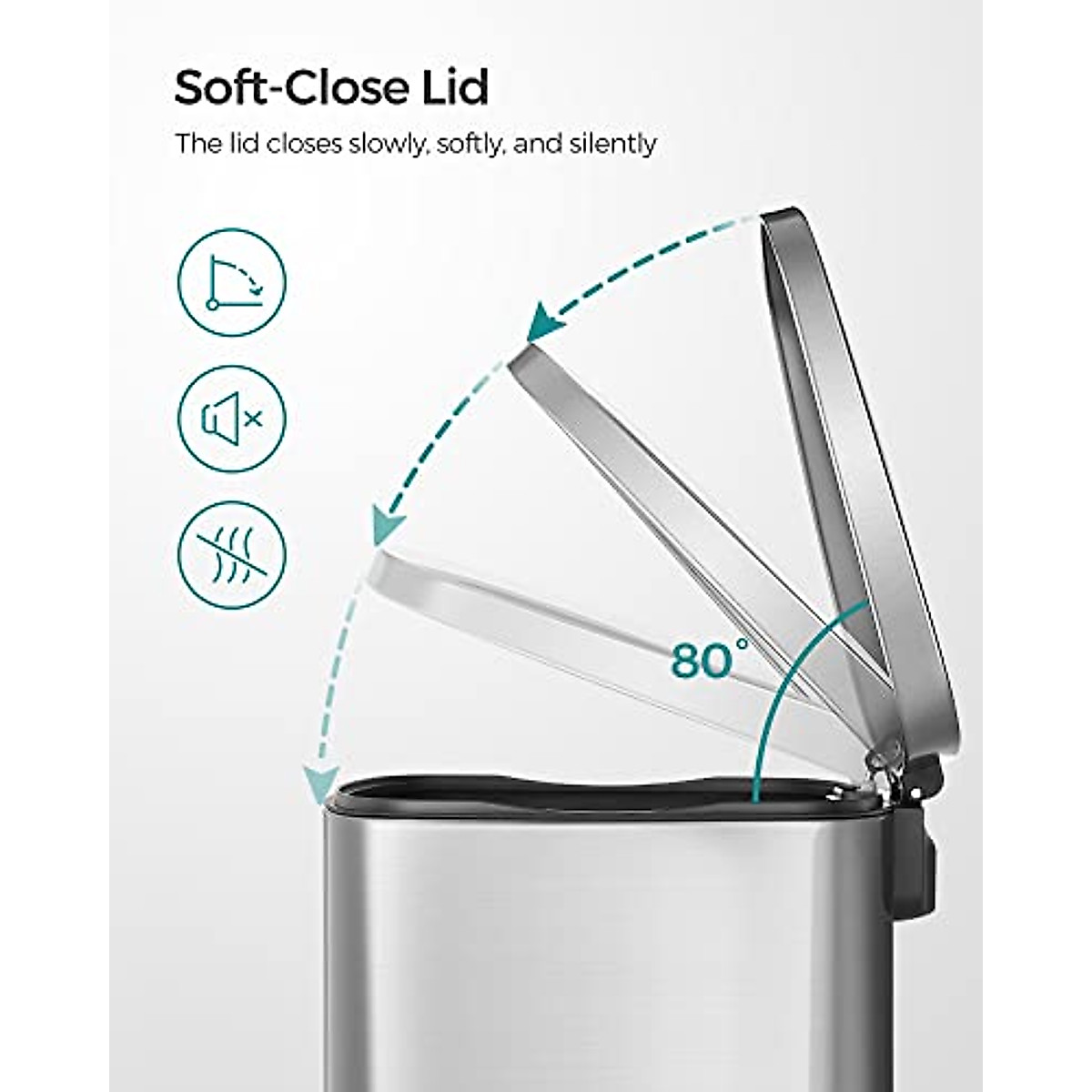 SONGMICS 13 Gallon Trash Can, Stainless Steel Kitchen Garbage Can, Recycling or Waste Bin, Soft Close, Step-On Pedal, Removable Inner Bucket, Silver ULTB050E01