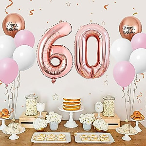 Funhot 40 Inch Rose Gold Number 60 Balloon, 60th Birthday Balloons, Rose Gold Birthday Print Matt White Pink Latex Balloons Giant 60 Foil Balloons for Women 60th Birthday Party Decoration Anniversary