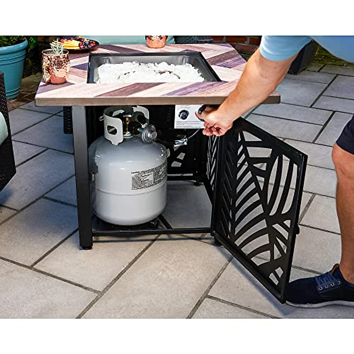 Endless Summer Darby 30 Inch Square Outdoor UV Printed 50,000 BTU LP Gas Fire Pit​ Table with Faux Wood Mantel and Stamped Steel Base