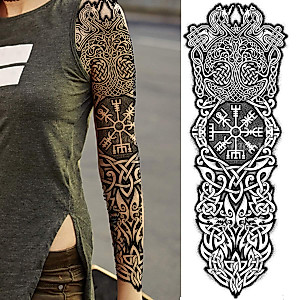 Tatodays temporary tattoo full arm stick on body art viking icelandic medieval celtic transfer for women and men cosplay halloween adult aegishjalmur temp tattoo tree of life wolfs fancy dress