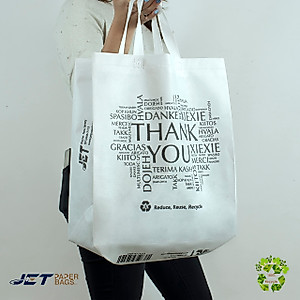 JET PAPER BAGS 13.5”x7.7”x15.5” (50 Pcs) Non-woven Reusable White Bags - Thank You printed in all languages - Recyclable Bags