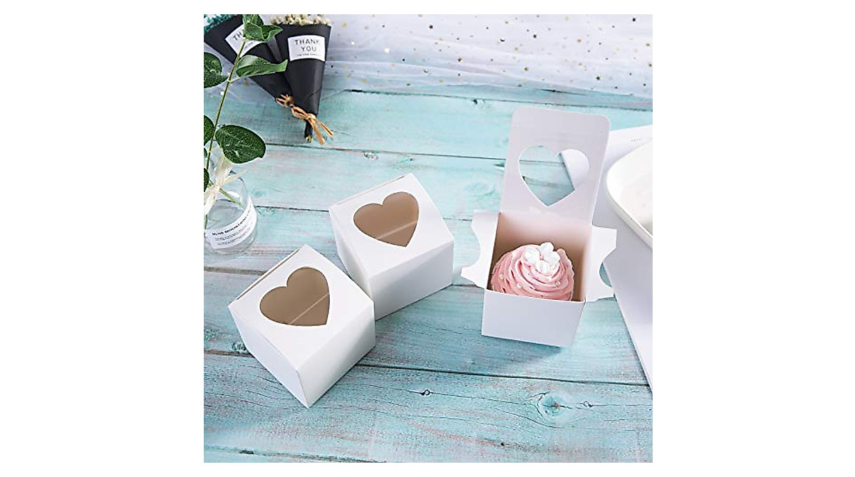 Mini White Cupcake Boxes - 50 Pack with Heart Window