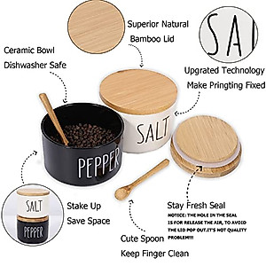 VICUKIE Farmhouse Salt And Pepper Bowls,Stacked Ceramic Salt Cellar With Bamboo Lid, Salt Container With Lid And Spoon, Modern Farmhouse Kitchen Decor, Salt Box, Spice Box(BLACK AND WHITE)