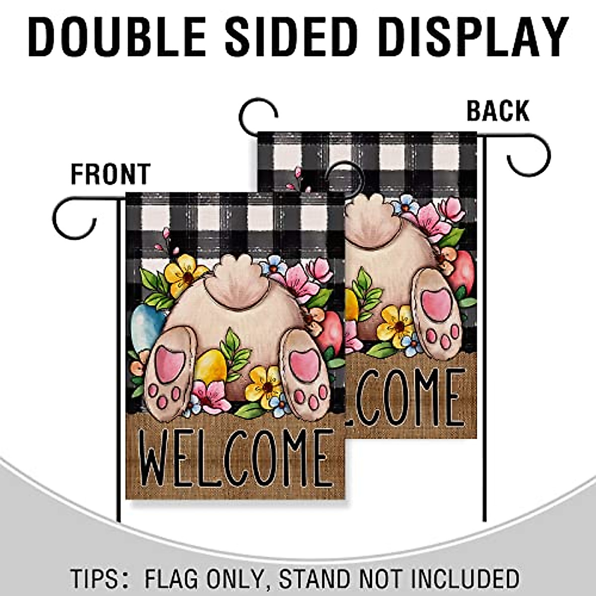 Artofy Welcome Easter Bunny Rabbit Small Decorative Garden Flag, Egg Flowers Farmhouse Yard Lawn Outside Decor, Spring Buffalo Plaid Check Burlap Outdoor Home Decoration Double Sided 12 x 18