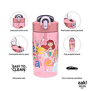 Zak Designs Kids Water Bottle For School or Travel, 16oz 2-Pack Durable Plastic Water Bottle With Straw, Handle, and Leak-Proof, Pop-Up Spout Cover (Disney 100 Princess, Limited Edition)