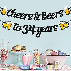 34th Birthday Decorations Cheers to 34 Years Banner for Men Women 34s Birthday Backdrop Wedding Anniversary Party Supplies Black Glitter Decorations PRE STRUNG