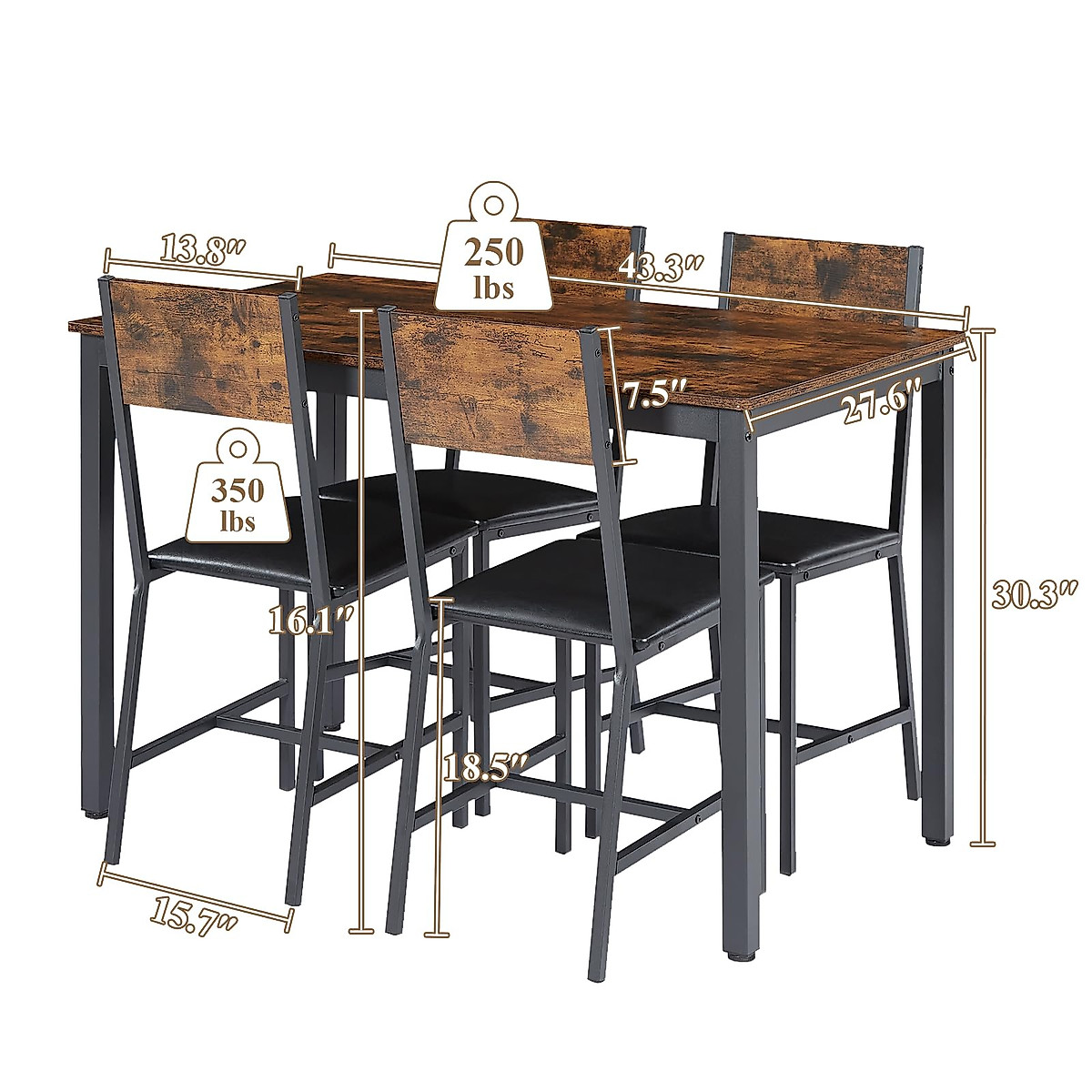 Rovibek 4 Chairs Dining Table Set for 4-8, Modern Space Saving Kitchen Desk, Wooden Industrial Style Farmhouse, 47", Leather Black Brown