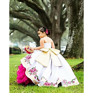 Hot Pink Floral Flower Patterns Ball Gowns for Toddler Infant Cupcake Flower Girl Dresses for Wedding with Straps Gold Embroidery White Satin Ruched 6