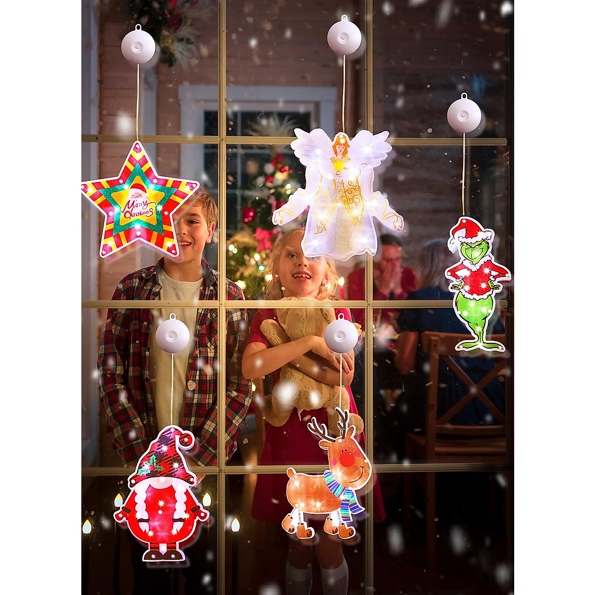 Brightown Christmas Window Lights Decorations, LED Christmas Hanging Lights Stole Green Monster Dwarf Deer Angel Star Shaped Battery Operated with Suction Cup Hook for Xmas Tree Window Indoor Decor