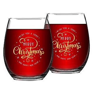 Merry Christmas Stemless Wine Glasses 15 Oz Funny Wine Glasses for Women Friends Men, Unique Glass Set Idea for Christmas, Set of 2