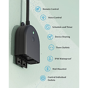Outdoor Smart Plug, Outdoor Wi-Fi Outlet with 3 Sockets, Compatible with SmartThings, Alexa, Google Home, Wireless Remote Control/Timer by Smartphone, IP44 Weatherproof, FCC/RoHS Certified