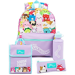 Squishmallows Girls 4 Piece Backpack Set | Kids Purple Rucksack Bundle with School Bag, Pencil Case, Lunch Bag & Water Bottle
