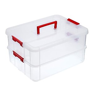 BTSKY 2 Layer Stack & Carry Box, Plastic Multipurpose Portable Storage Container Box Handled Organizer Storage Box for Organizing Stationery, Sewing, Art Craft, Jewelry and Beauty Supplies(Red)
