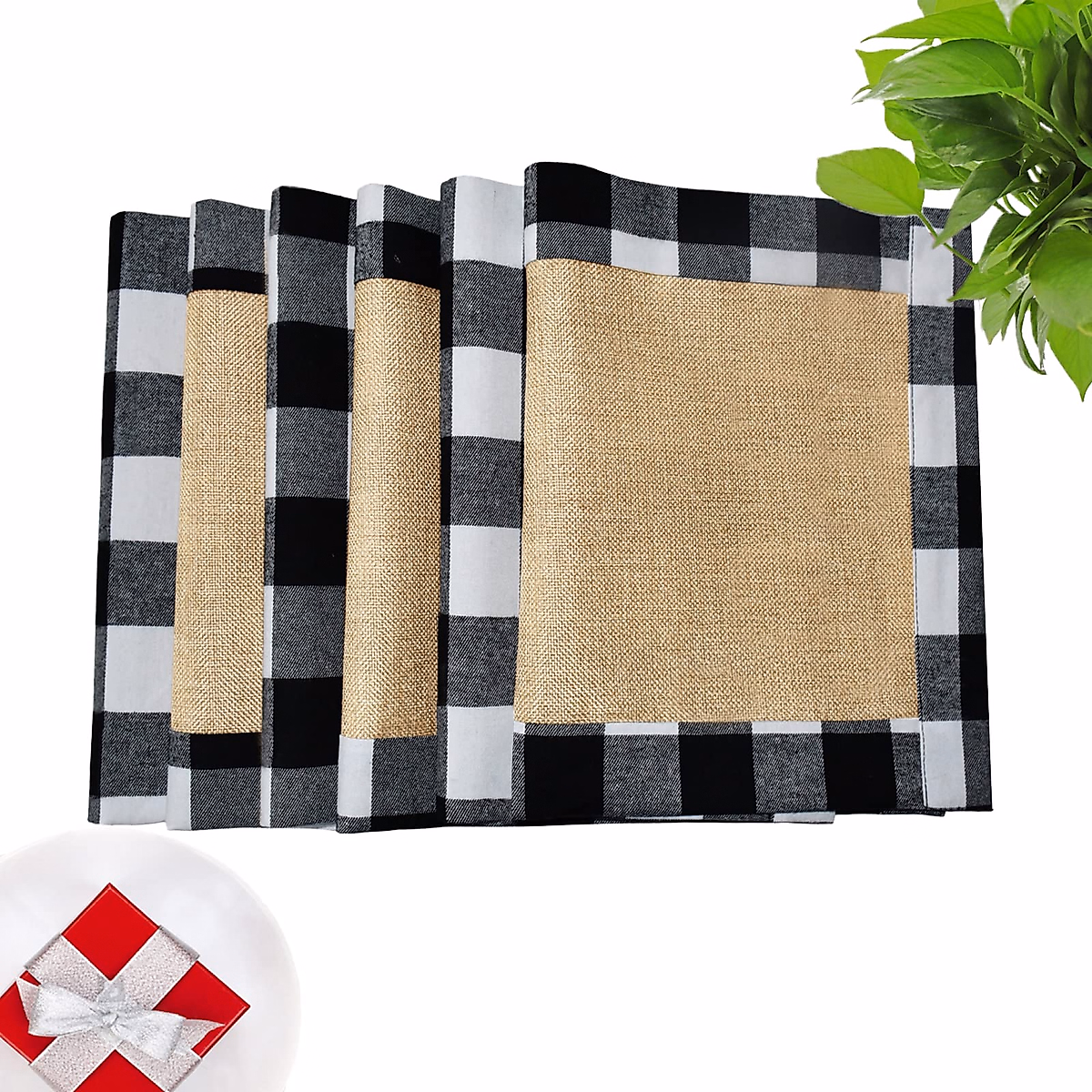 Senneny Set of 6 Christmas Placemats Buffalo Check Placemats Black White Plaid Reversible Burlap & Cotton Placemats for Christmas Holiday Table Home Decoration