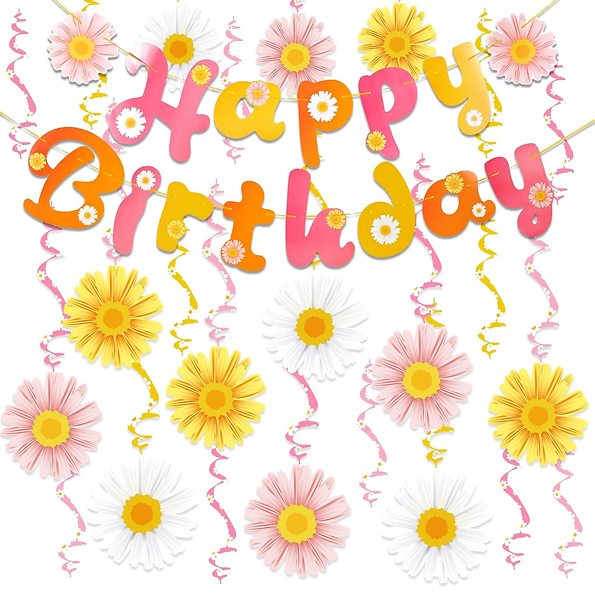 SUNBEAUTY Flower Daisy Birthday Party Decorations Groovy Party Decorations Boho Happy Birthday Party Decorations Daisy Hanging Swirls Retro Hippie Party Party Supplies Baby Shower
