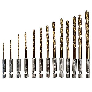 Hex-Shank Drill Bit Set, HSS Titanium Coated Twist Drill Bits Set Hex Shank High Speed Steel Drill Bit for Metal Wood Plastic Aluminum Thin Iron, Quick Change Regular Drilling Tools 13Pcs