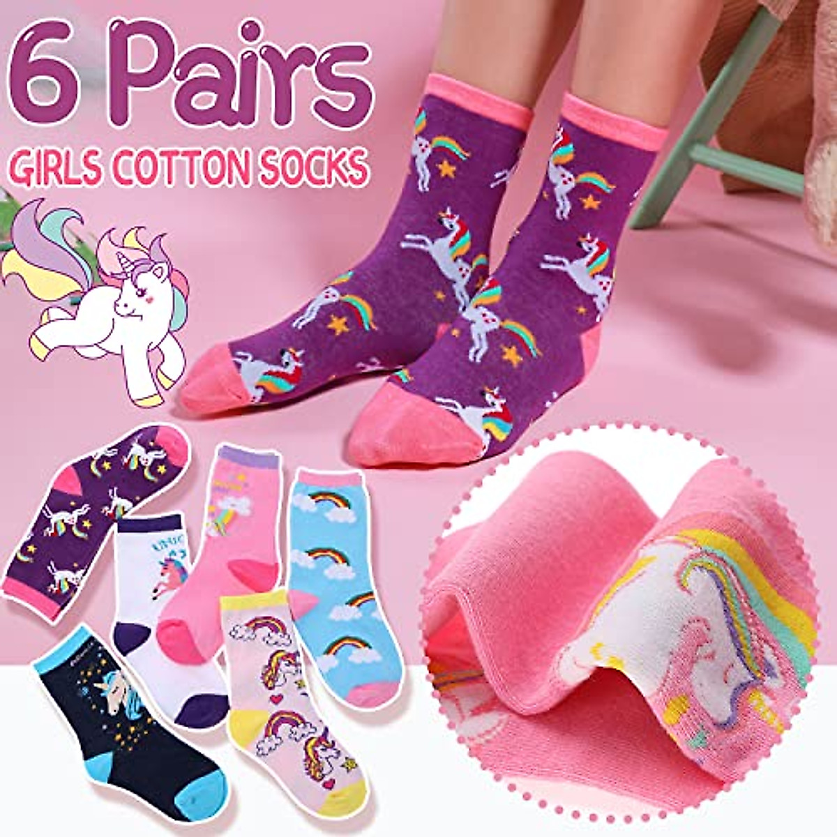 ANTSANG Children Cotton Crew Socks for Girl Boy Kids Toddler Gift Fashion Cute Cartoon Animal Stocking Stuffer Unicorn Socks 6 Pack (Unicorn-I, 5-8 Years Old)