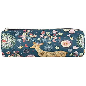 Flower Deer Bird Canvas Pencil Case for Pen Pouch Bag, Durable Compact with Zipper Round Pencil Case, Stationery Organizer Bag Purse for Kids Girls Boys School Adults Office