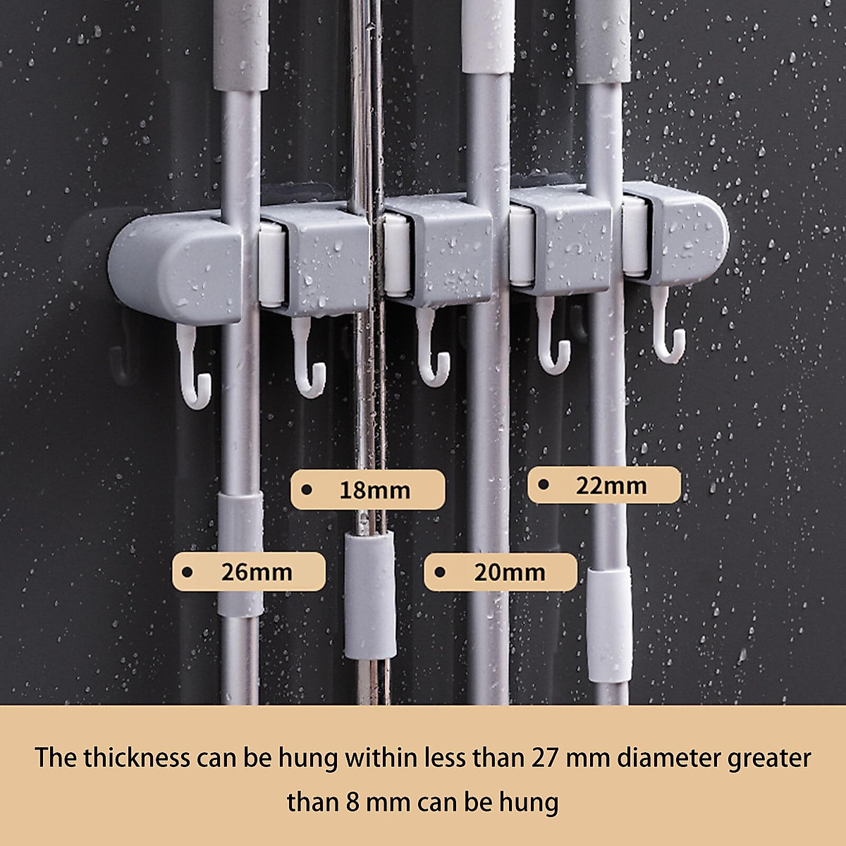 Broom and Mop Holder Wall Mount, 5 Hooks and 4 Slot, Adhesive Garden Tool Rack Organizer for Closet Garage Laundry Room, Anti-Slip Hanger for Brooms, Mops, Rakes, Dustpans, 13 x 2.2 x 1.8 inches