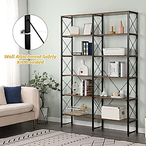 MELLCOM Double Wide 6-Tier Bookshelf, Industrial Open Large Bookcase, Wood and Metal Tall Bookshelves for Living Room Bedroom Office, Rustic Brown