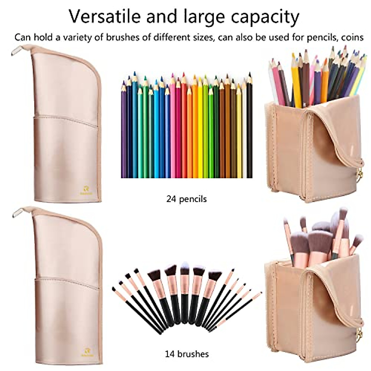 Makeup Brush Holder Organizer Bag Professional Artist Brushes Travel Bag Stand-up Makeup Cup Waterproof Dust-proof Brush Storage Pouch Case (Rose Gold)