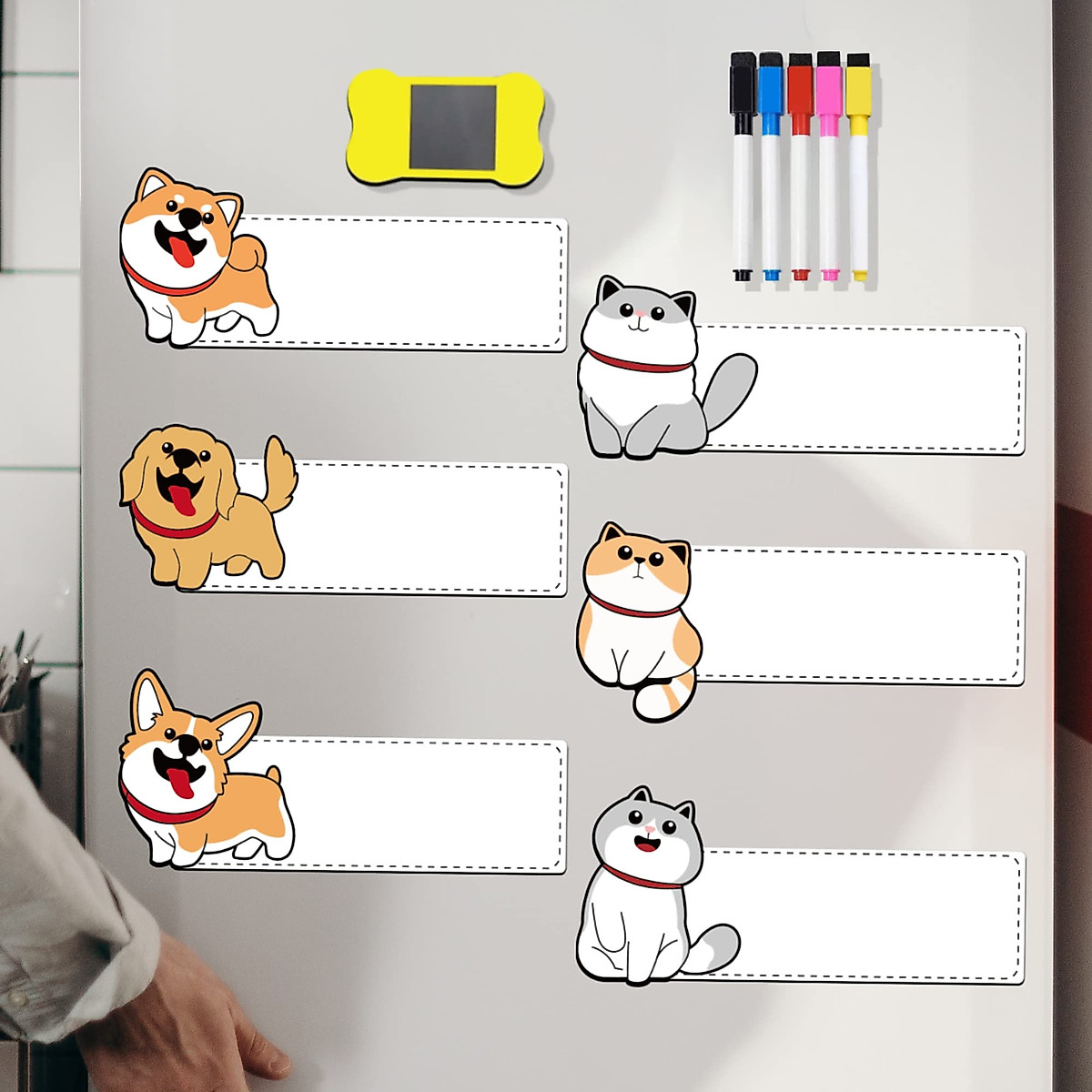 Magnetic Dry Erase Whiteboard for Fridge(Set of 6),Cats and Dogs Funny Magnetic,Small Magnet Fridge Message Boards for Kitchen Refrigerator Reminder Sticker, Planner, Grocery List