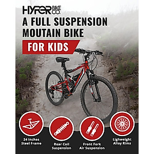 Hyper Kids Mountain Bike 24 Inch Youth Downhill Mountain Bike. Shimano 18 Speed Twist Shifters and Steel MTB Bike Frame. Full Suspension Mountain Bike. Shocker (Red/Black)