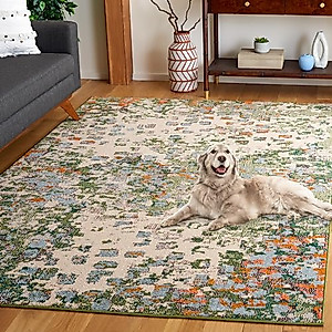 SAFAVIEH Monaco Collection Area Rug - 6'7" Round, Green & Rust, Geometric Design, Slip Resistant, Ideal for High Traffic Areas in Living Room, Bedroom & Dining Room (MNC225W-7R)