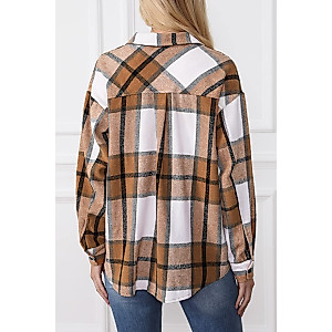Trendy Queen Womens Flannel Shacket Casual Jacket Plaid Button Down Long Sleeve Shirt Fall Winter Outfits, Apricot, XL