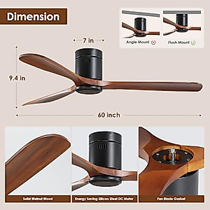 Mpayel 60" Ceiling Fan, Flush Mount Outdoor Ceiling Fan with 3 Walnut Wood Blades, Reversible and Timing, No Light for Indoor Bedroom, Outdoor Covered Patios, Backyard