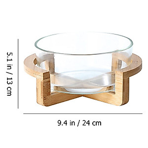 HEMOTON Glass Salad Serving Bowl with Wood Stand Base 2500ml Fruit Dessert Bowl Clear Ice Bucket Fruit Vegetable Dish Container for Kitchen Microwave Oven