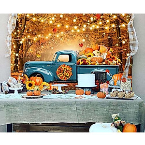 Avezano Fall Forest Blue Truck Photography Backdrop Autumn Harvest Pumpkin Maple Leaves Background Thanksgiving Party Decorations Photo Banner Props(7x5ft)