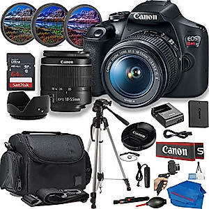 Canon Rebel T7 Bundle: Includes 18-55mm is II Lens, Tripod, 64GB Memory Card, Carry Case, and 3-Piece Filter Kit for Stunning Photos and Videos