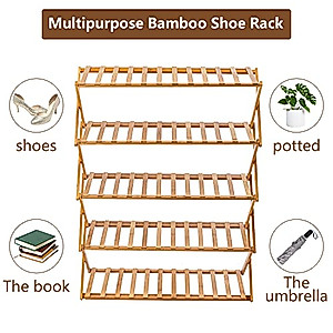 ALEAVIC Bamboo Shoe Rack, Foldable Shoe Rack, 5-Tier Installation-Free Shoe Rack, Multifunctional Freestanding Shoe Rack for Closet, Entryway, Living Room, Bedroom, Natural Color