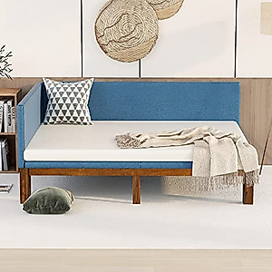 YUNYO Upholstered Full Daybed, Wood Full Size Daybed Frame with Linen Fabric,Mid-Century Full Size Bed Sofabed Frame for Bedroom, Living Room,Blue