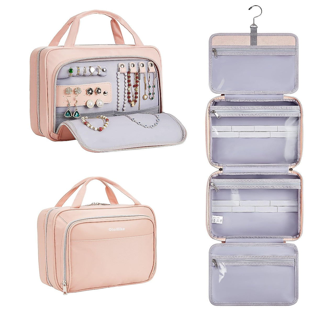 OlarHike Toiletry Bag,Large Size Waterproof Hanging Bags, Makeup Jewelry 3 in 1 Essentials Travel Packing Organizers, Fulled-Sized Family Pack, Shampoo, Conditioner, Brushes Set (Pink)