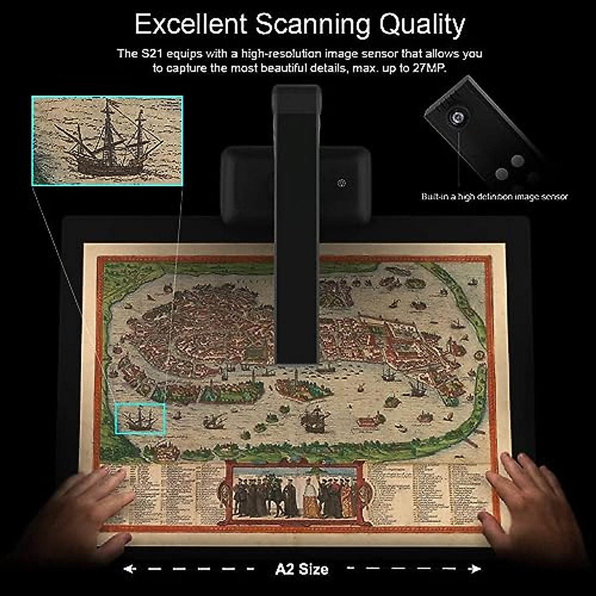 VIISAN S21 Large Format Book & Document Scanner, Capture A2, 27MP High Resolution, Auto-Flatten & Fingerprint Removal Technologies, Adjustable Height, Multi-Language OCR, Run On Windows & macOS