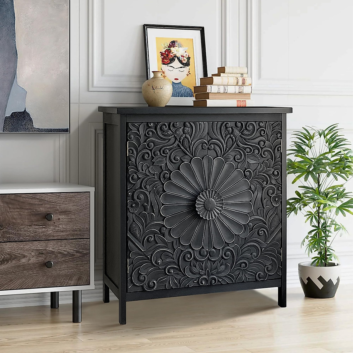 Sophia & William 2-Door Accent Cabinet, Distressed Storage Cabinet with 2 Carved Doors and Wooden Frame for Entryway, Living Room, Black