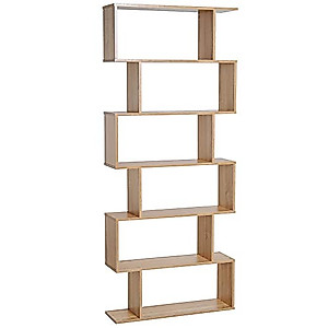 HOMCOM 75.5" H Bookcase 6 Shelf S-Shaped Bookshelf Wooden Storage Display Stand Shelf Organizer Free Standing Oak