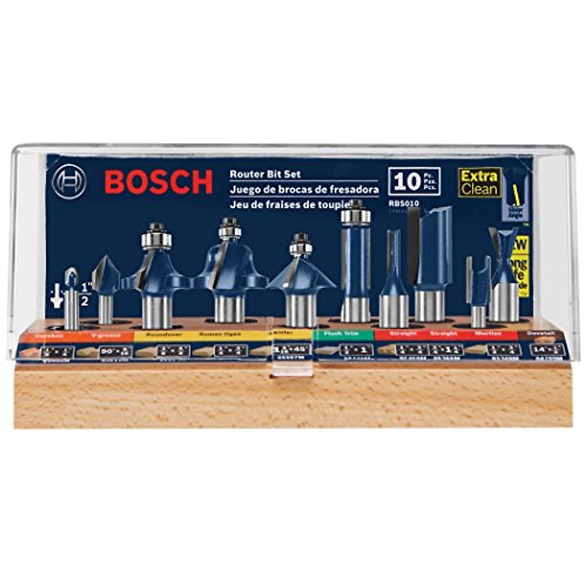 BOSCH RBS010 10-Piece 1/2 In. and 1/4 In. Shank Carbide-Tipped All-Purpose Professional Router Bits Assorted Set with Case for Applications in Straight, Trimming, Decorative Edging, Dovetail Joinery