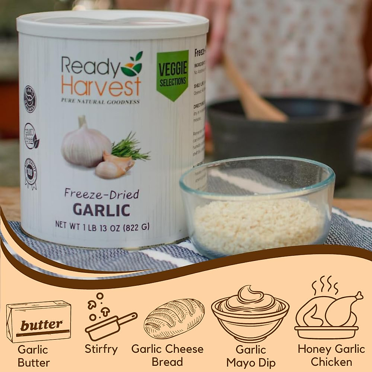 Ready Harvest Freeze-Dried Garlic for Camping Food | Camper Must-Haves Camping Essentials | Hurricane Preparedness Items as Survival Food | Pantry Staples | #10 Can | 25-Year Shelf Life | 6 cans