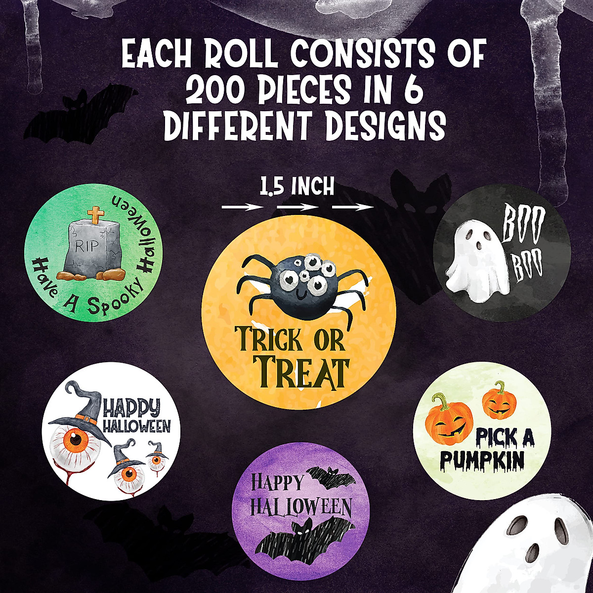 Halloween Sticker Roll 1.5 Inches - 200 Pcs Cute Halloween Stickers for Kids, Toddlers and Adults - 6 Designs Happy Halloween Stickers Bulk Suitable for Party Decors, Arts and Crafts and Goodie Bags