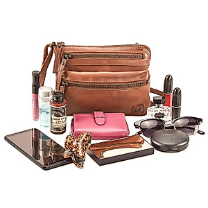 Wise Owl Accessories Small Crossbody Sling Bag Real Leather Purse for Women Crossover Trendy Shoulder Handbag (Cognac Washed Vintage)